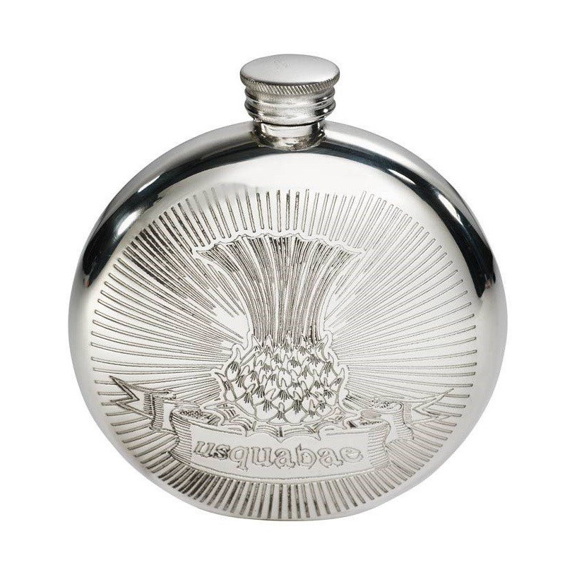 Round Usquabae Single Thistle Pewter Flask