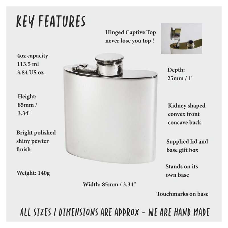 Plain Kidney 4oz Pewter Flask – Captive Top & Engraved